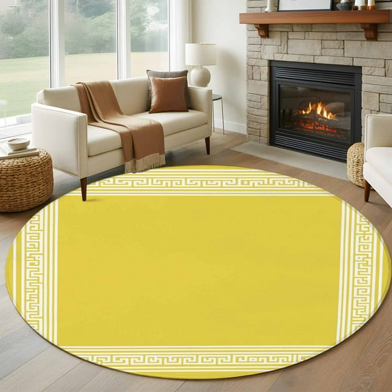Yellow Geometric 7ft Round Rug, White Greek Key Design Abstract Modern ...
