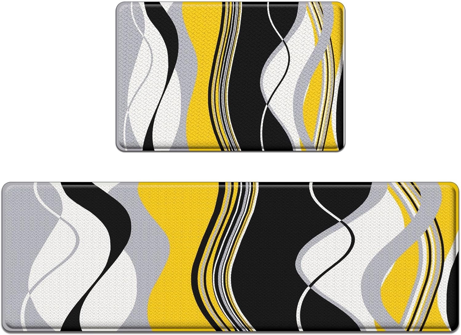 Yellow Geometric Anti-Fatigue Kitchen Rug Set of 2 Black Grey Abstract ...