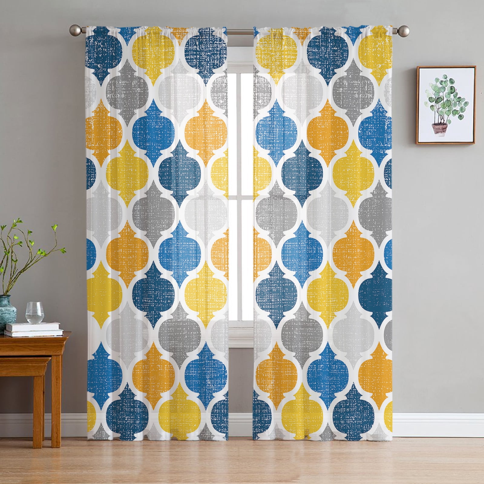 Yellow Geometric Morocco Sheer Curtain for Living Room Hall Wall Dress ...