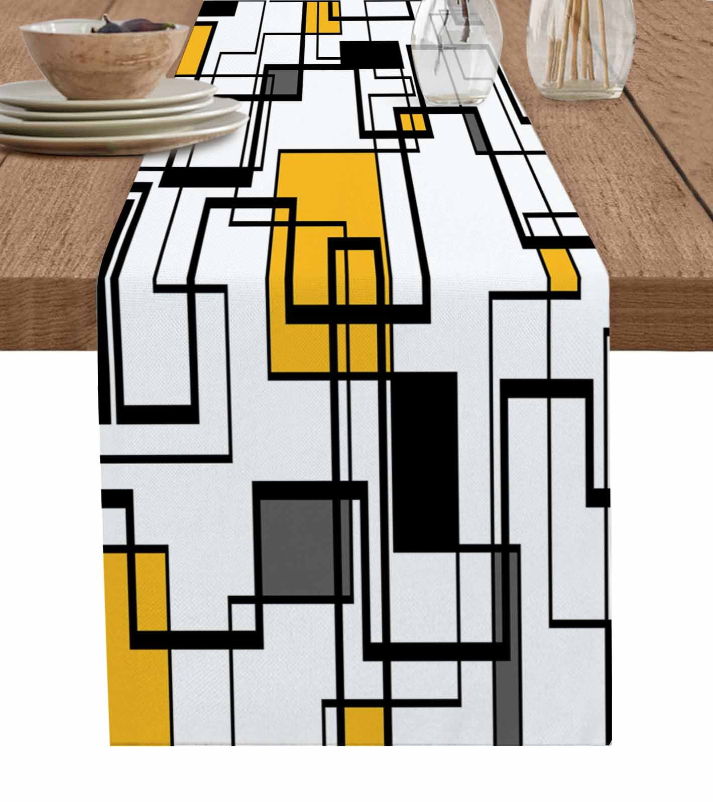 Yellow Geometric Table Runner 72 Inches, Modern Minimalist Black ...
