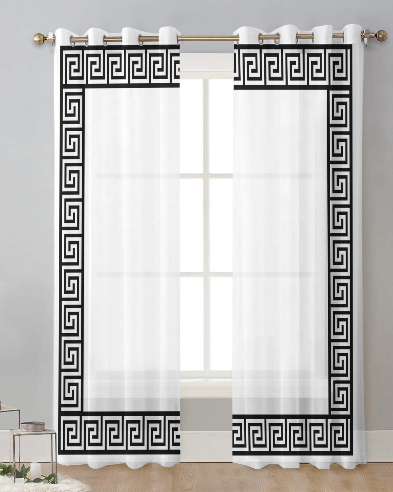 Yellow Geometric Zigzag Greek Pattern Tulle Curtain for Living Room ...
