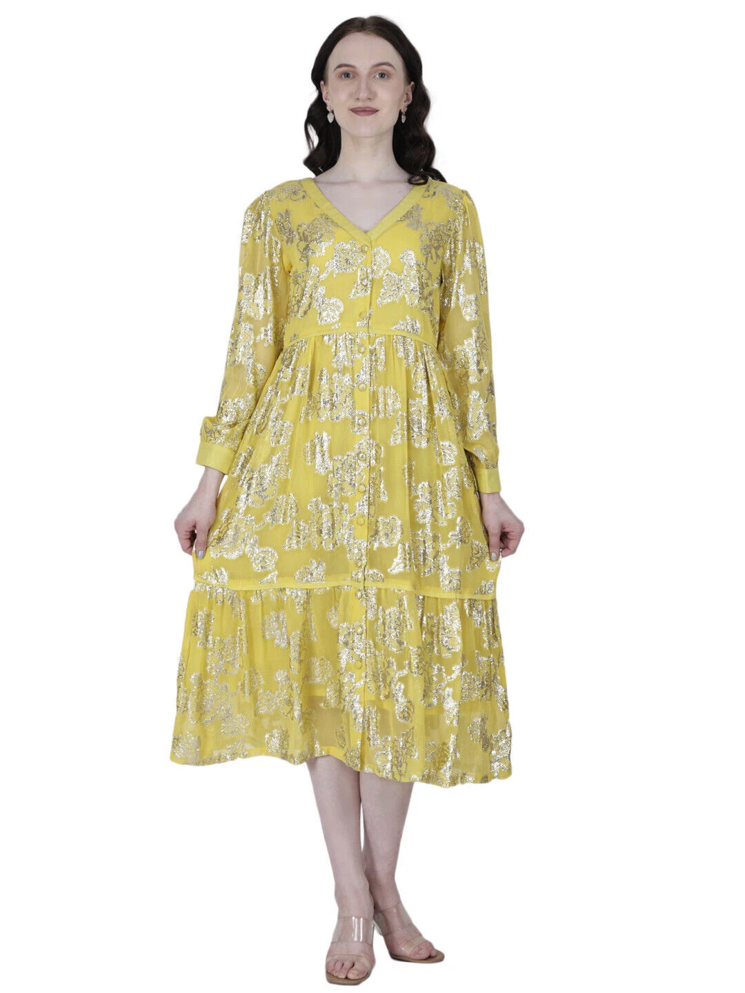 Yellow Georgette Dress for women | V-Neck Dress | Women Dress | Full ...