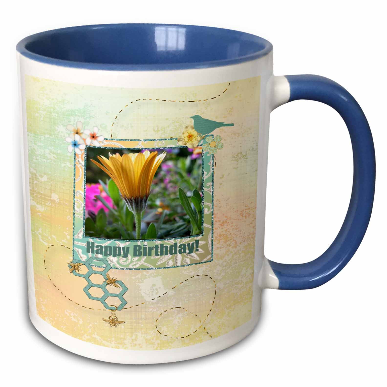 Yellow Gerber Daisy in Frame with Flowers, Birds, Gold Bees. Happy ...