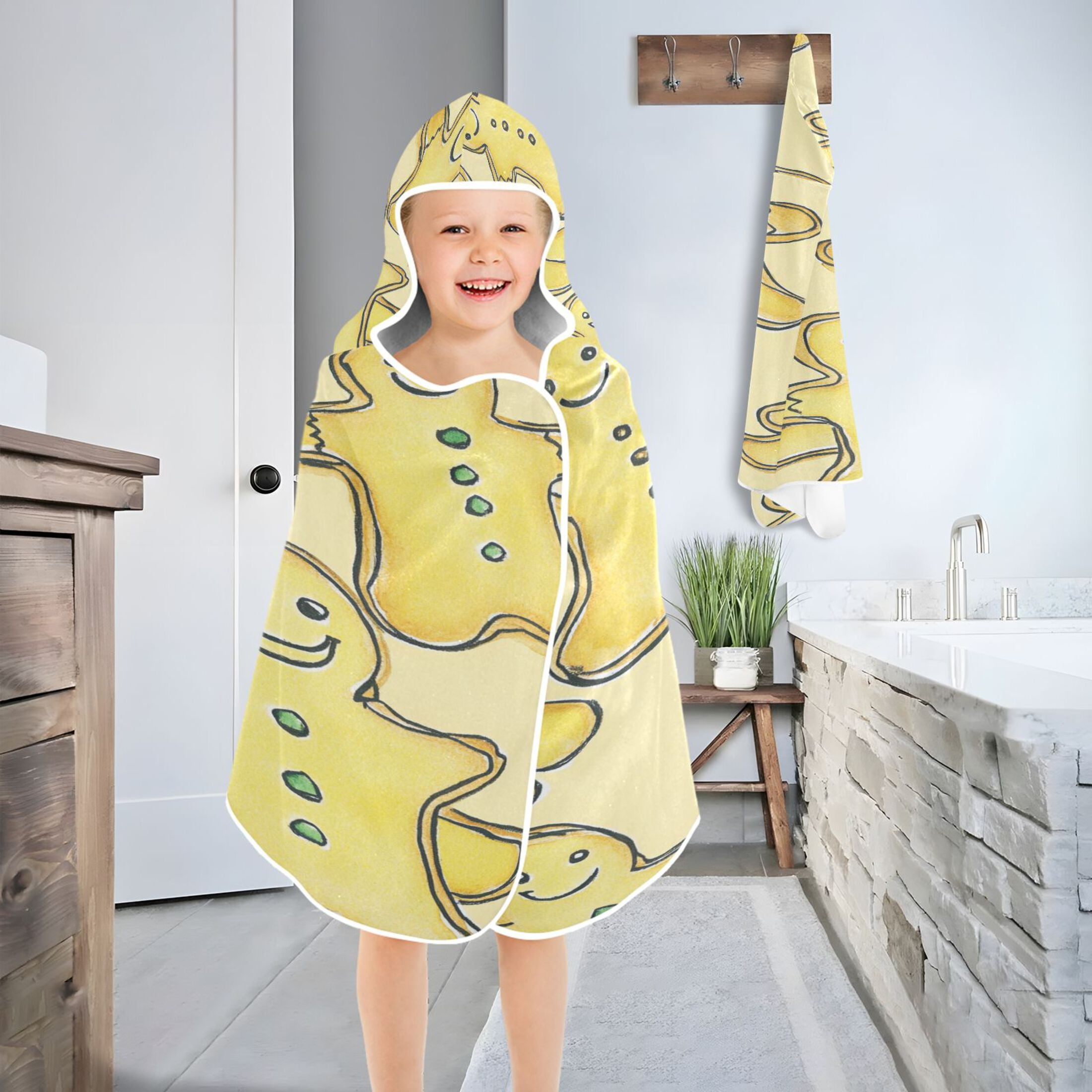 Yellow Gingerbread Man Kid's Hooded Bath Towel Poncho, Full-Print ...
