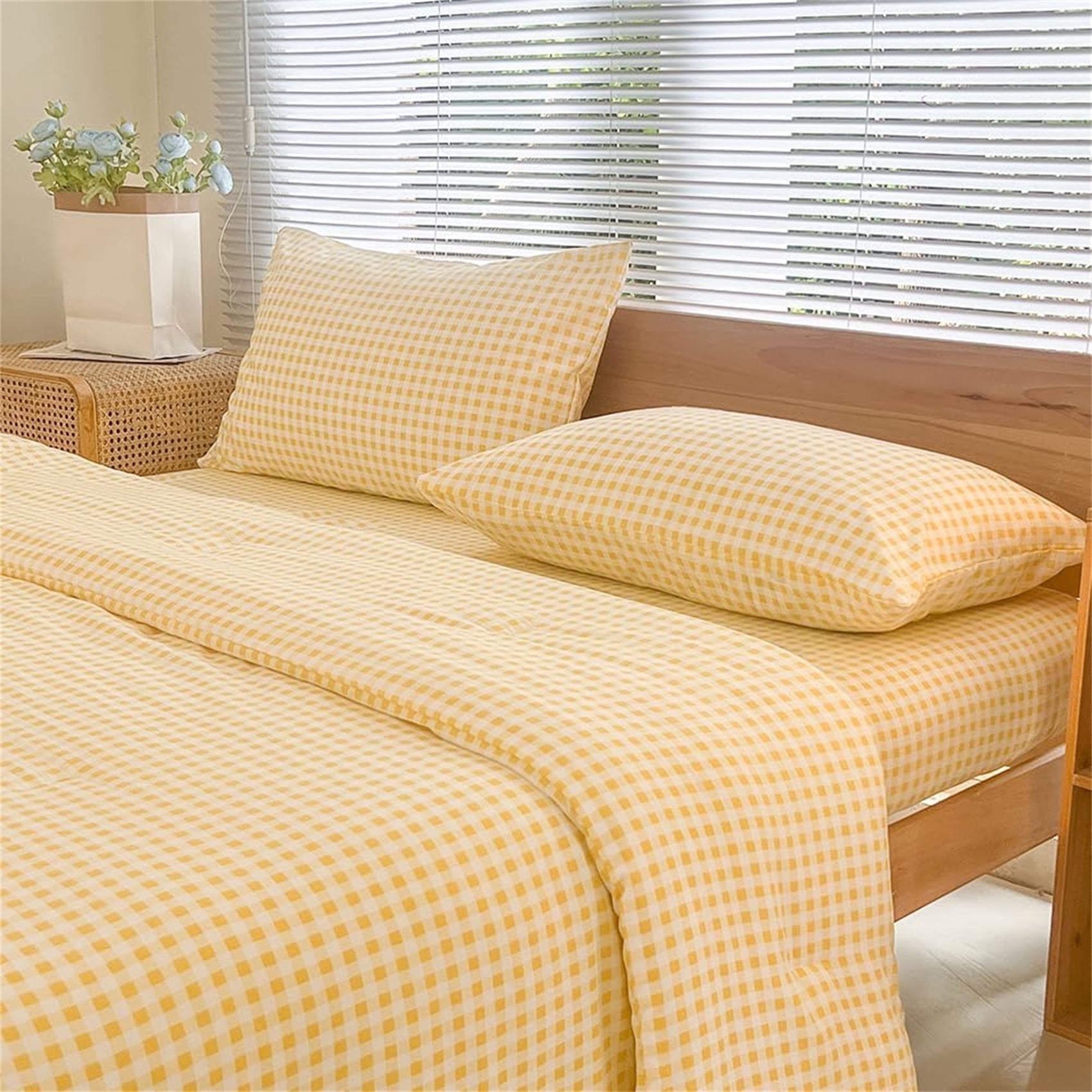 Yellow Gingham Queen Comforter Set, Yellow Plaid Bedding Set, Checked ...
