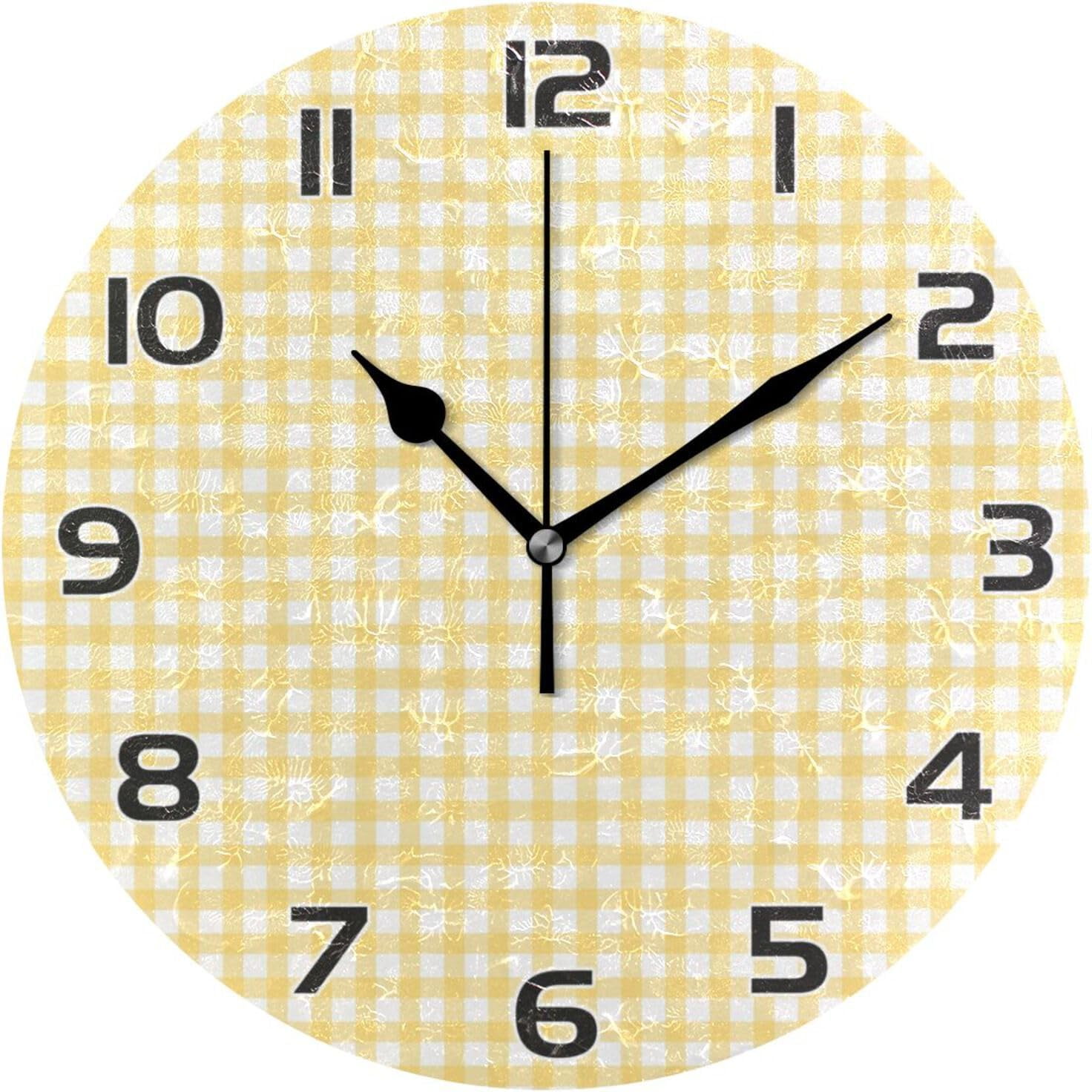 Yellow Gingham Wall Clock Round Vintage Silent Non Ticking Battery ...