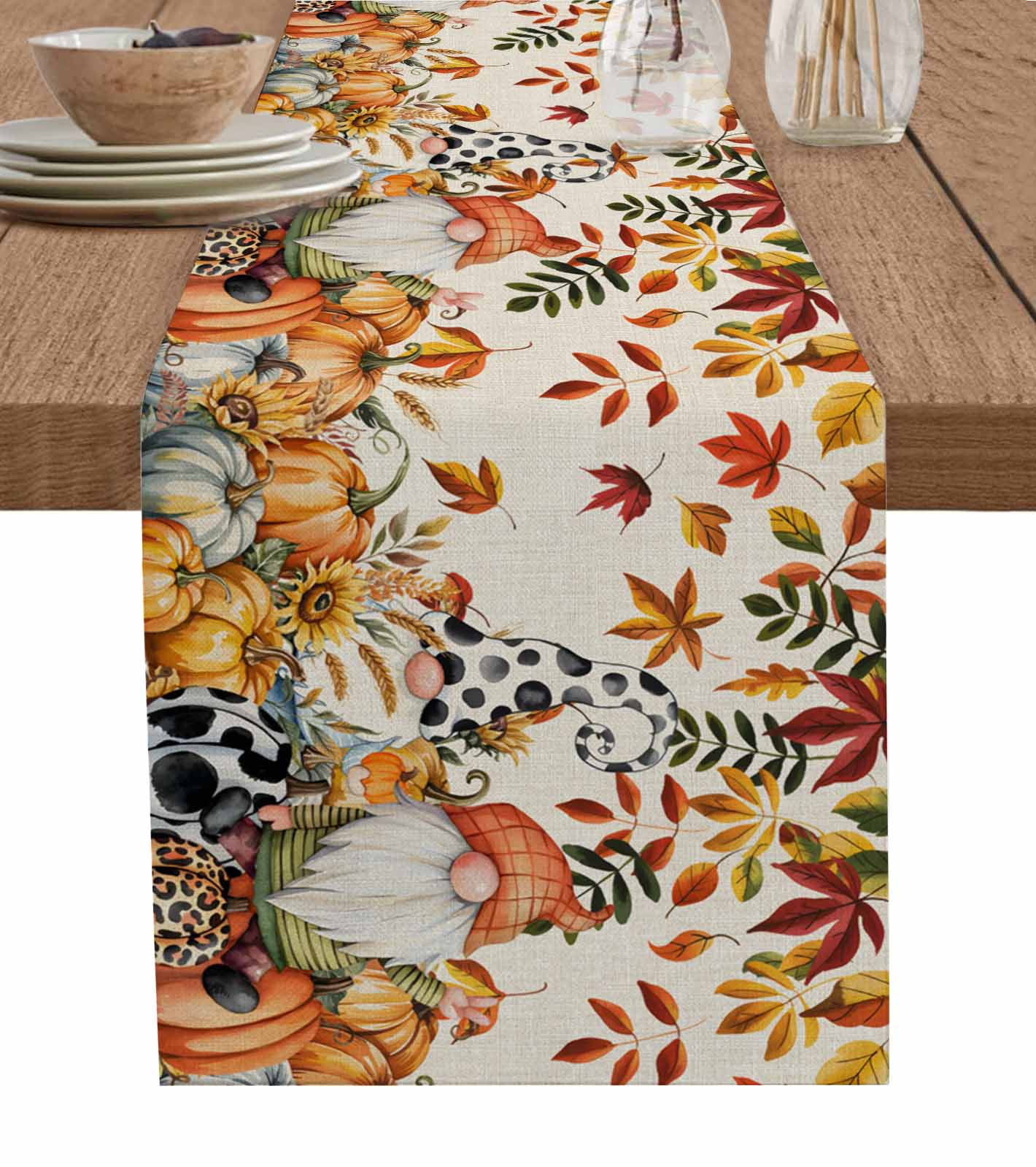 Yellow Gnome Pumpkins Table Runner Watercolor Country Botanical Rustic ...