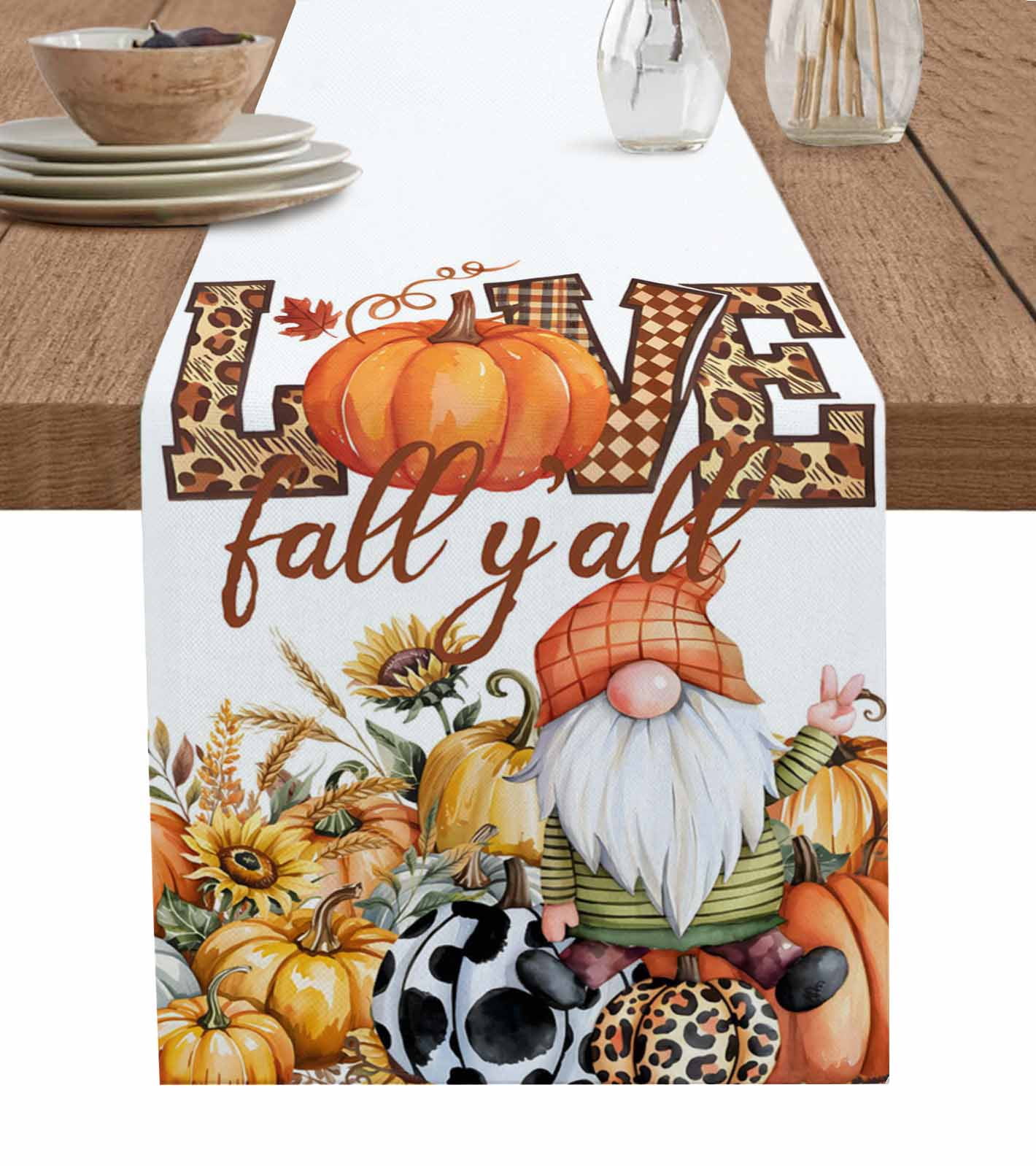 Yellow Gnome Pumpkins Table Runner Watercolor Country Botanical Tablerunners 13 x 36 Inch, Table ...