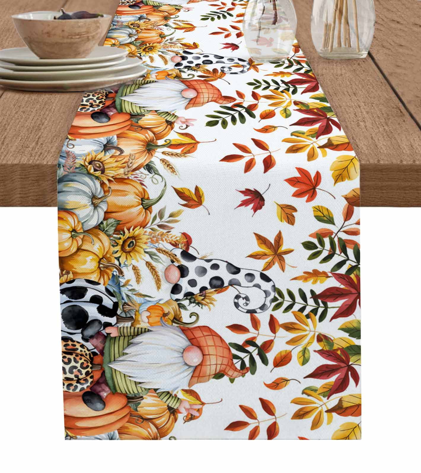 Yellow Gnome Pumpkins Table Runner Watercolor Country Leaves ...
