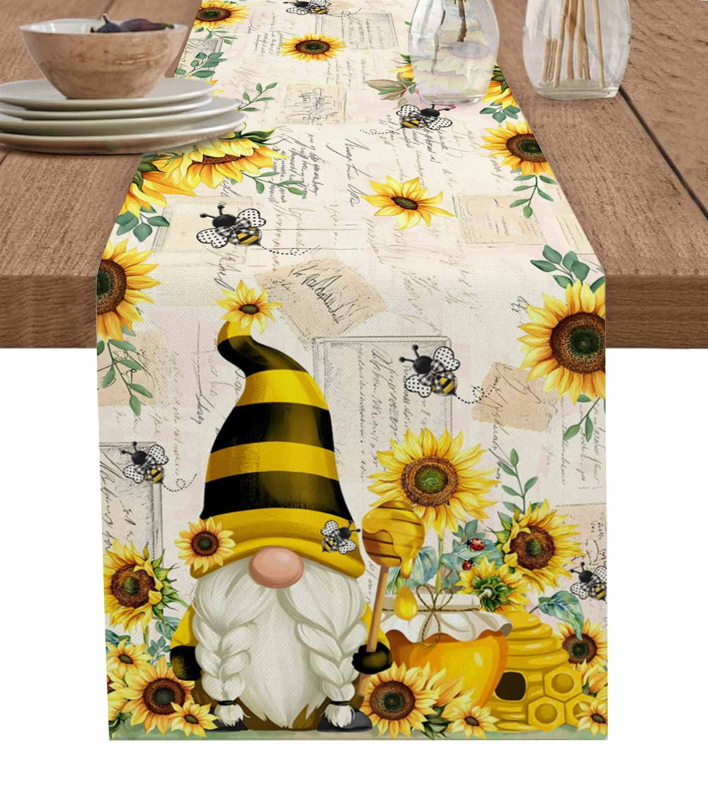 Yellow Gnomes Table Runner 72 Inches, Sunflower Floral Bee Vintage Bed ...