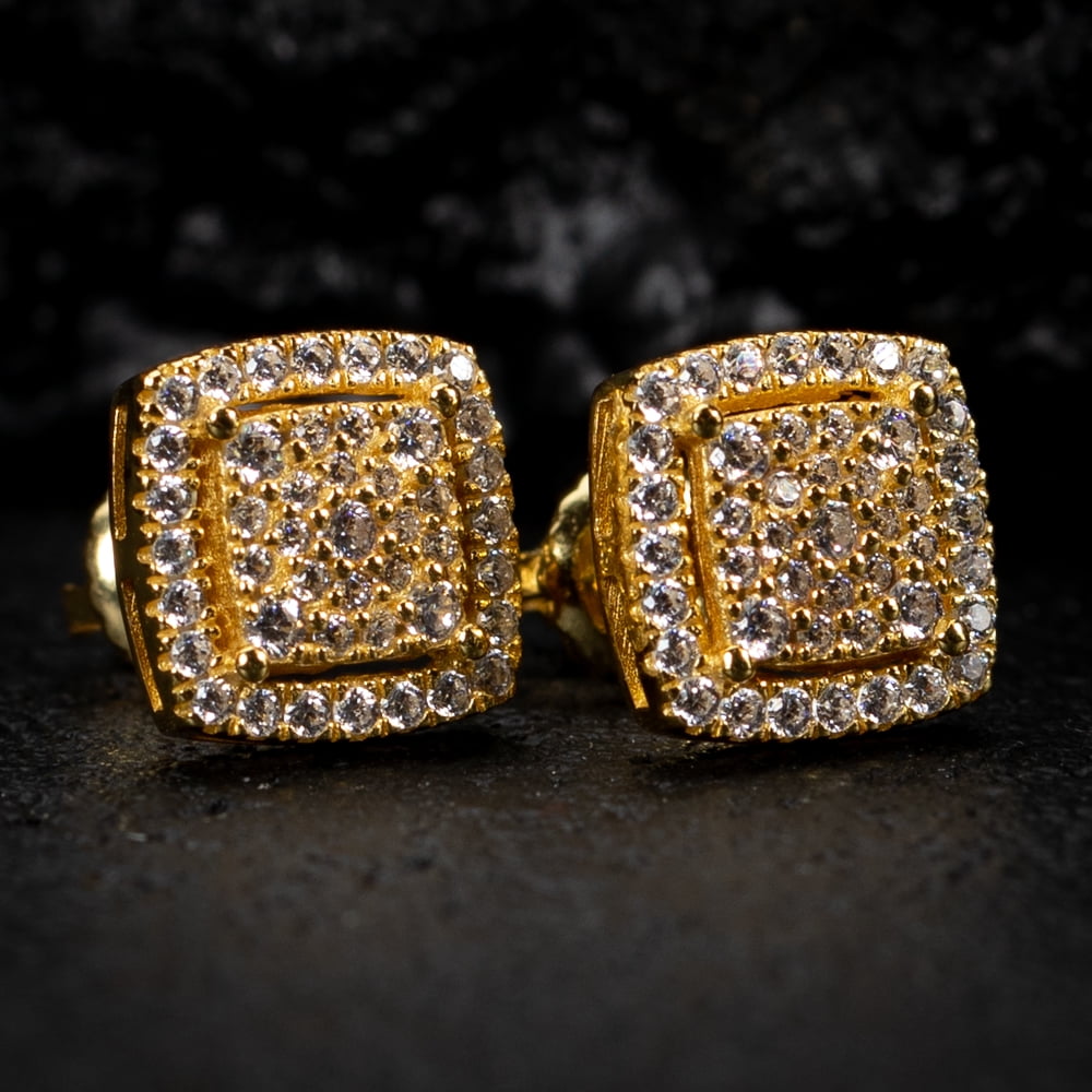 Yellow Gold 925 Sterling Silver Hip Hop 3D Cube Square Cluster Stud ...