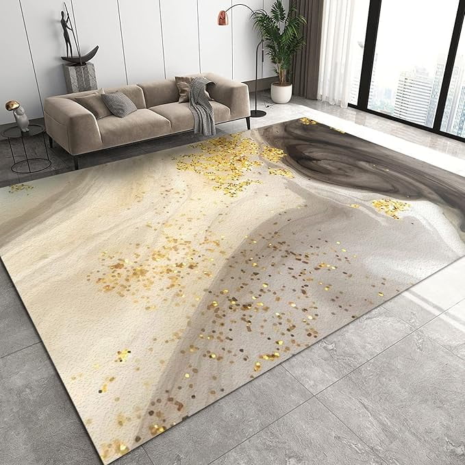 Yellow Gold Black Abstract Area Rugs, Brown Gray Swirl Gold Foil ...