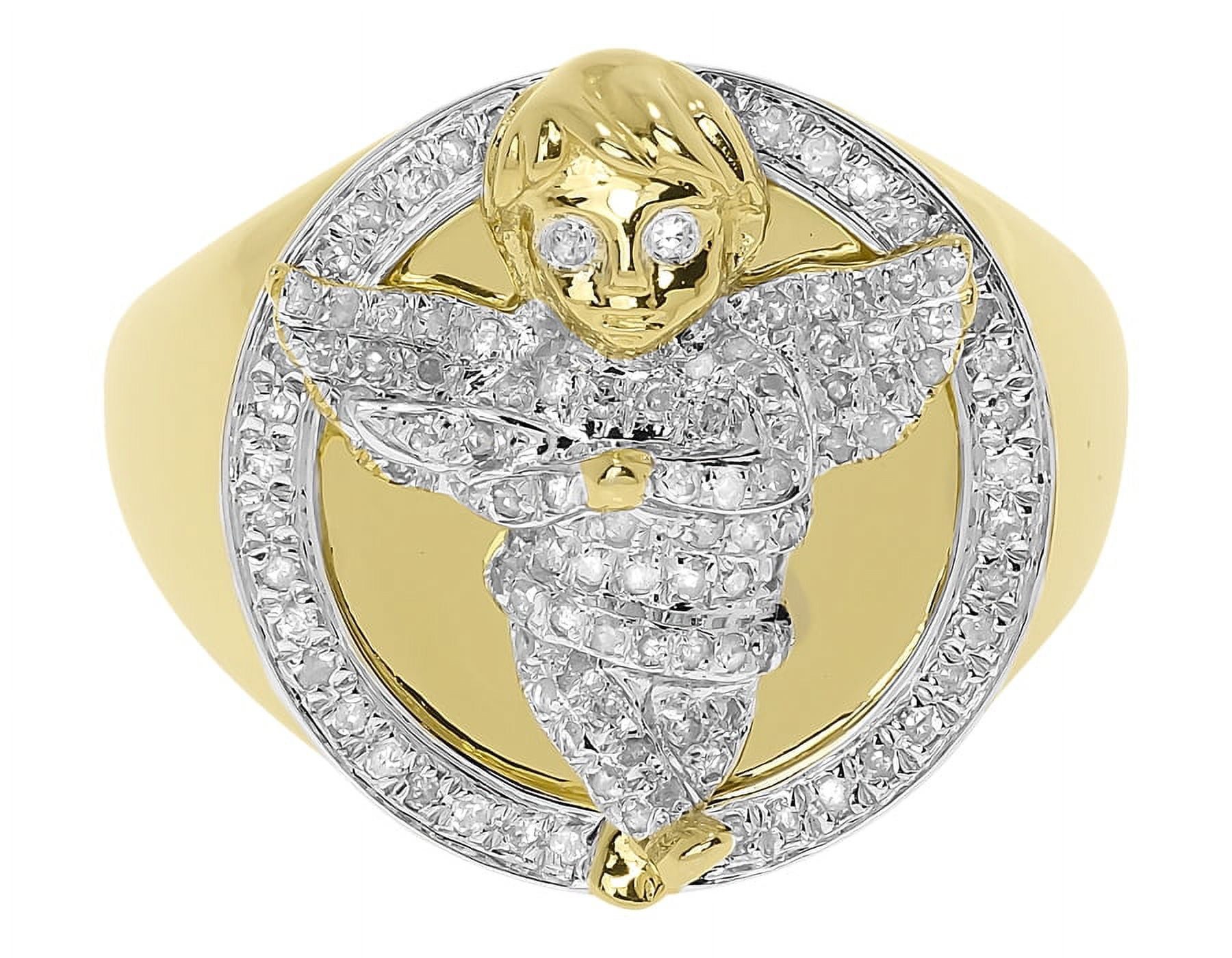 Yellow Gold Finish Mens Diamond Angel Fashion Pinky Ring (0.33 ct ...