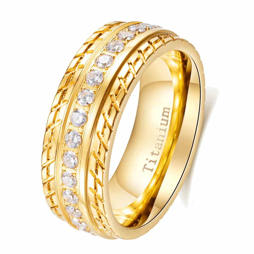Yellow Gold Plated 8mm AAA CZ Titanium Steel Mens Ring Men Wedding Band ...