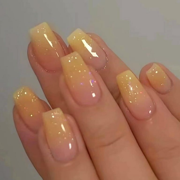 Yellow Gradient Fake Nails Autumn Glitter Press on Nails Long Square False Nails Design Glossy Full Cover Acrylic Nails for Women Charm Manicure Reusable Stick on Nails Glue on Nails Walmart