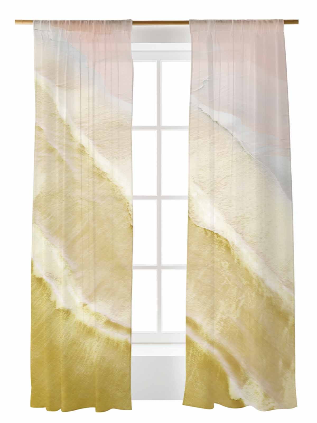 Yellow Gradient Sheer Curtains 108 Inch Long 2 Panels, Sea Waves Sandy ...