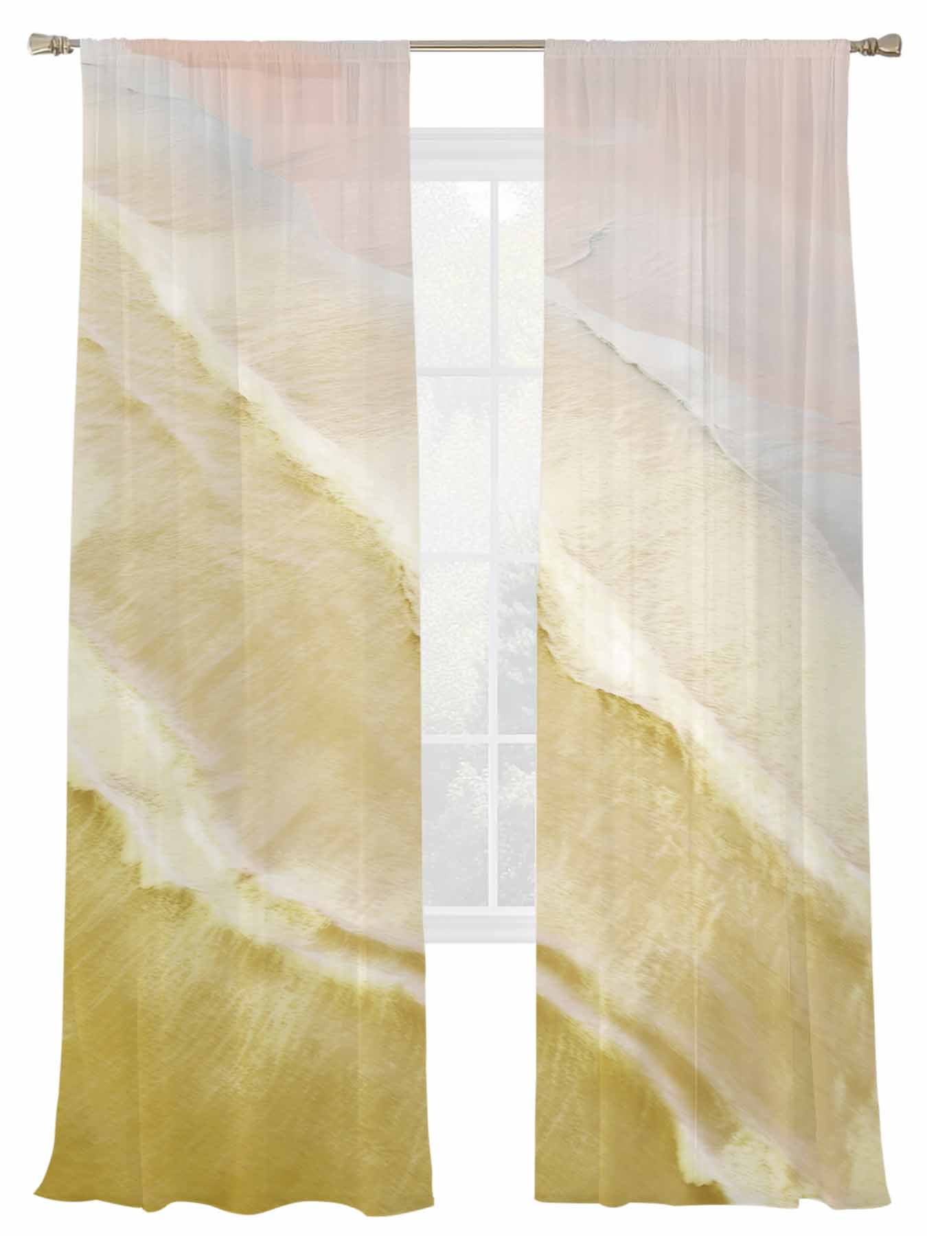Yellow Gradient Sheer Curtains 2 Panels Set Sea Waves Sandy Beach ...