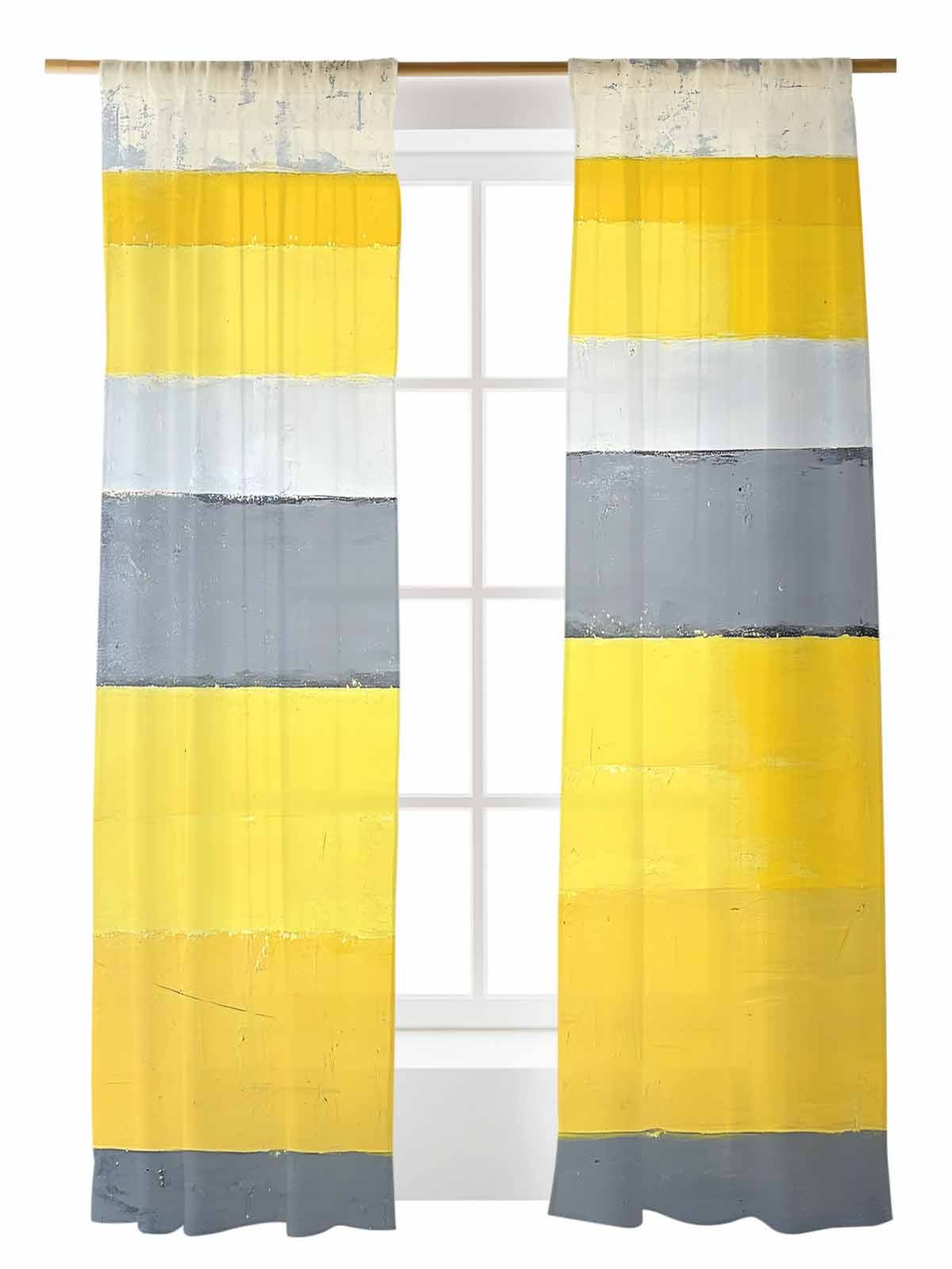 Yellow Gray Abstract Sheer Curtains 2 Panels Set Strip Geometric Color ...