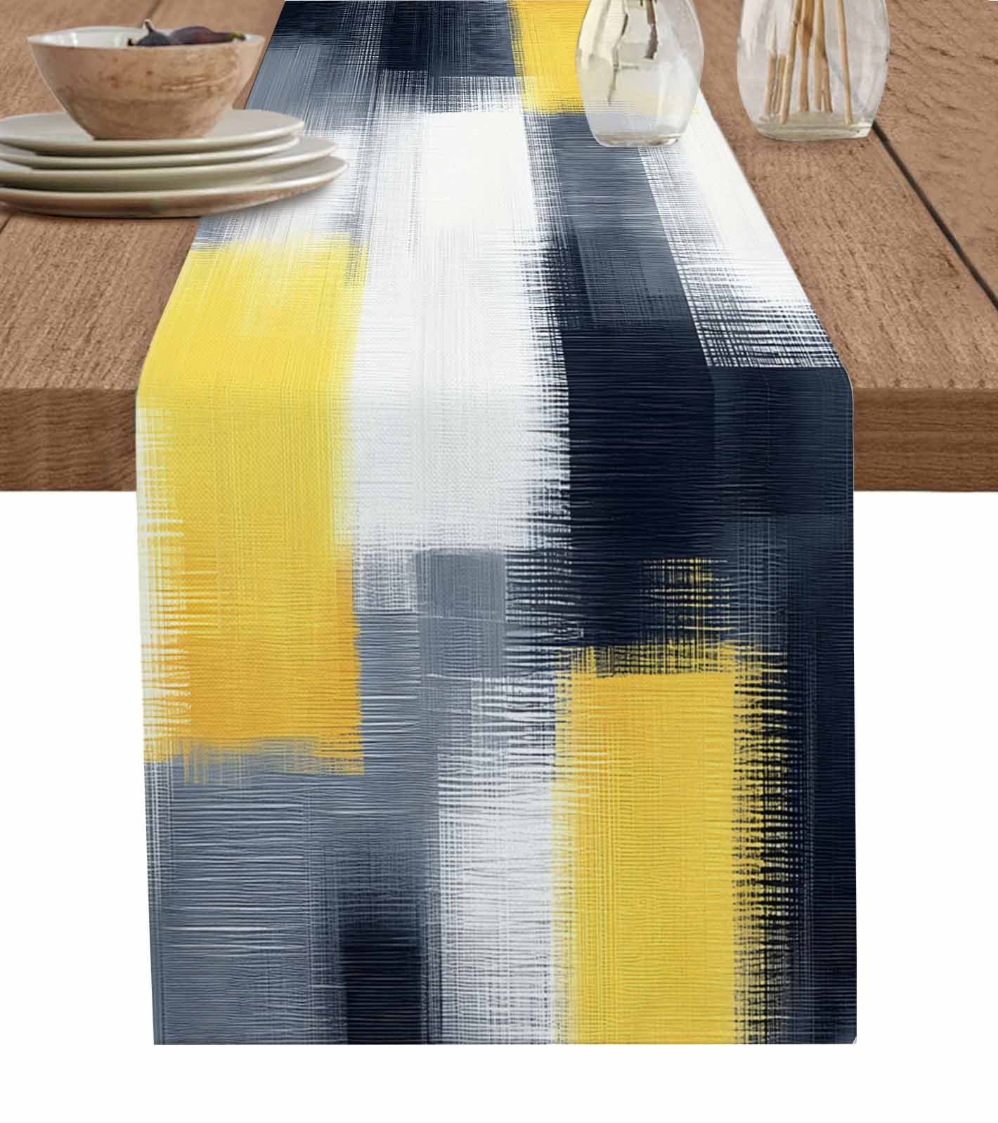 Yellow Gray Burlap Cotton Table Runner 13x48 Inches Long, Geometric ...