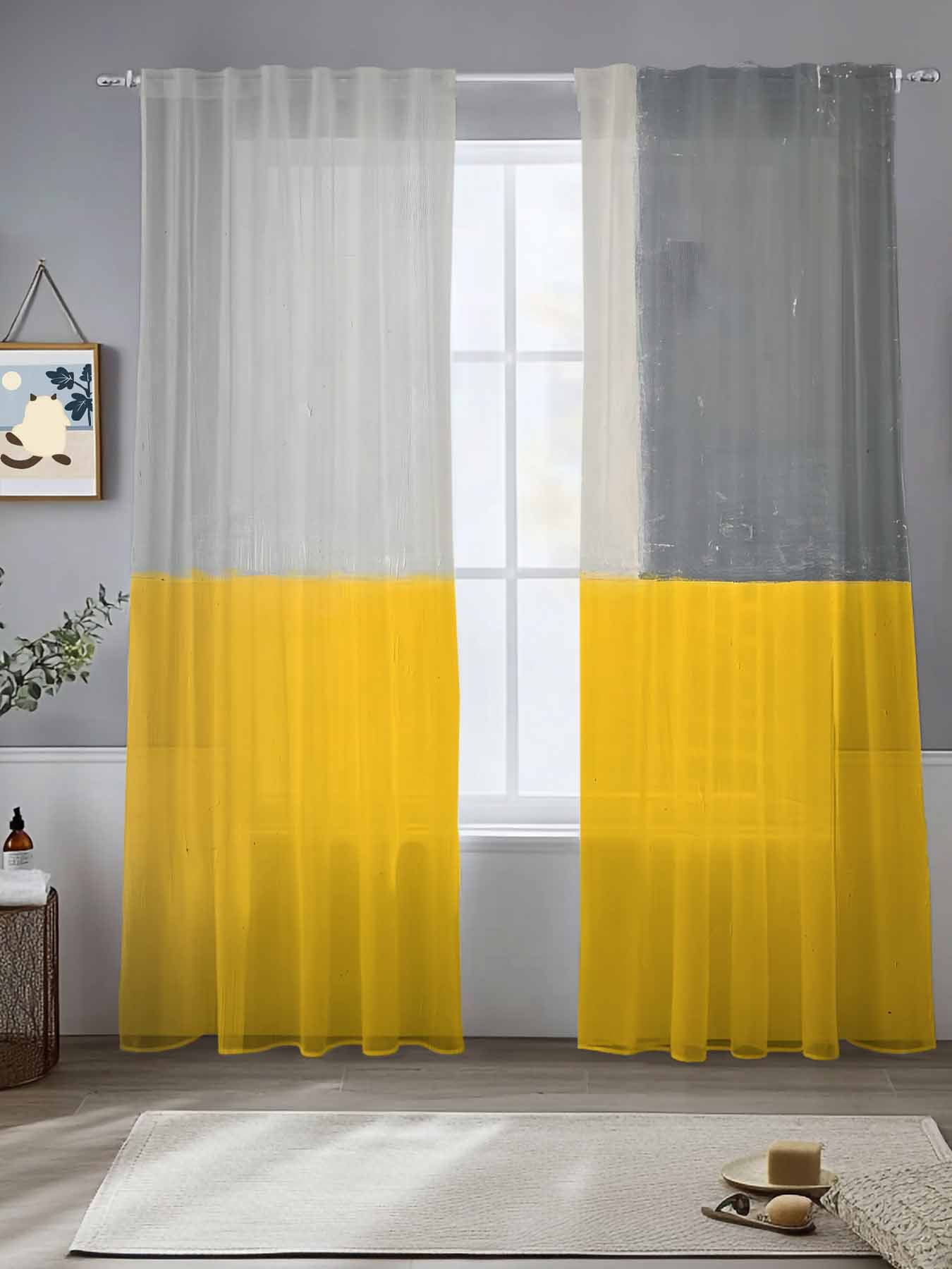 Yellow Gray Color Block Sheer Curtains 108 Inches Long 2 Panels ...