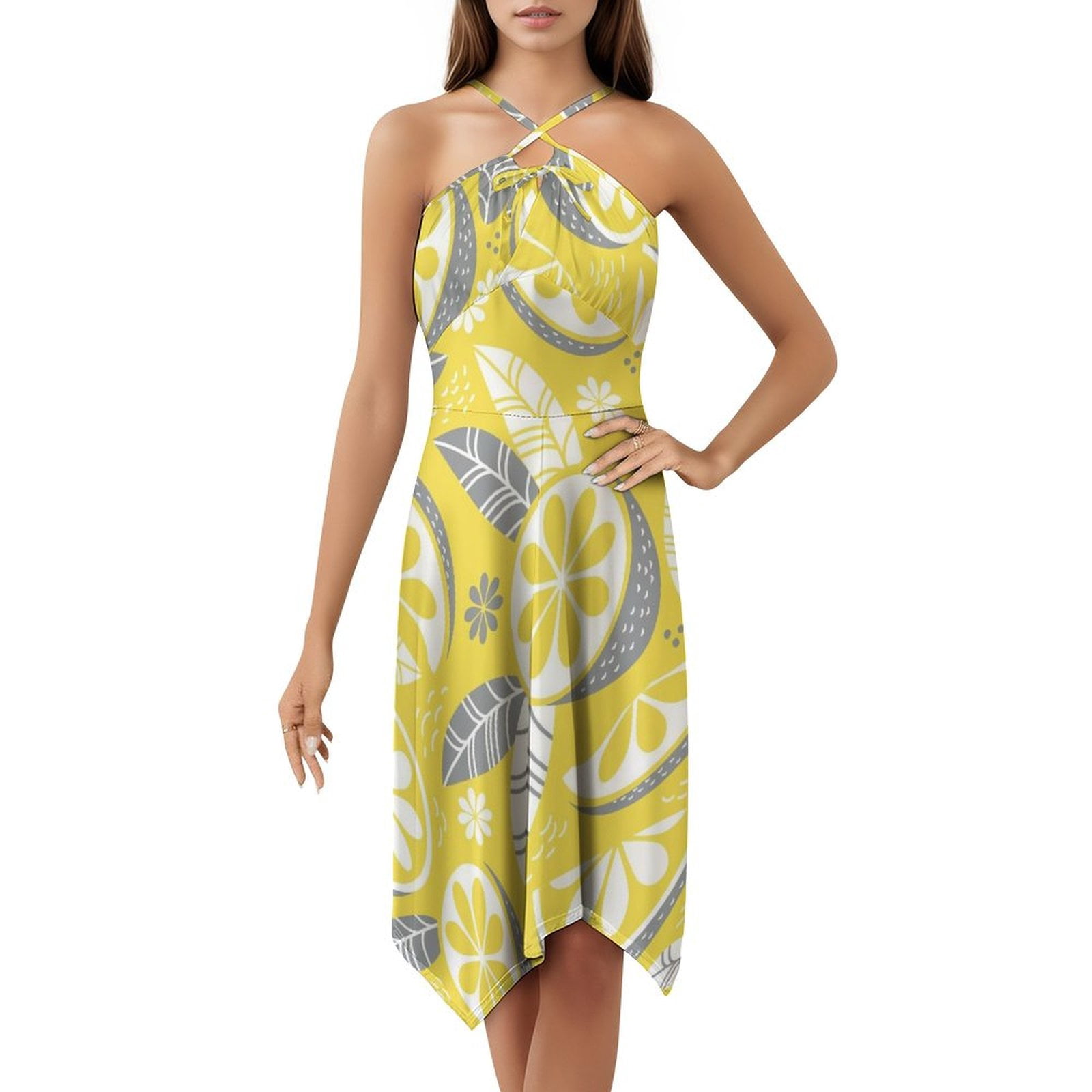 Yellow Gray Color Citrus Fruits, Leaves And Branches Dress Elegant ...
