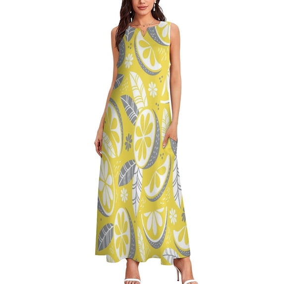 Yellow Gray Color Citrus Fruits, Leaves And Branches Long Dress Female ...