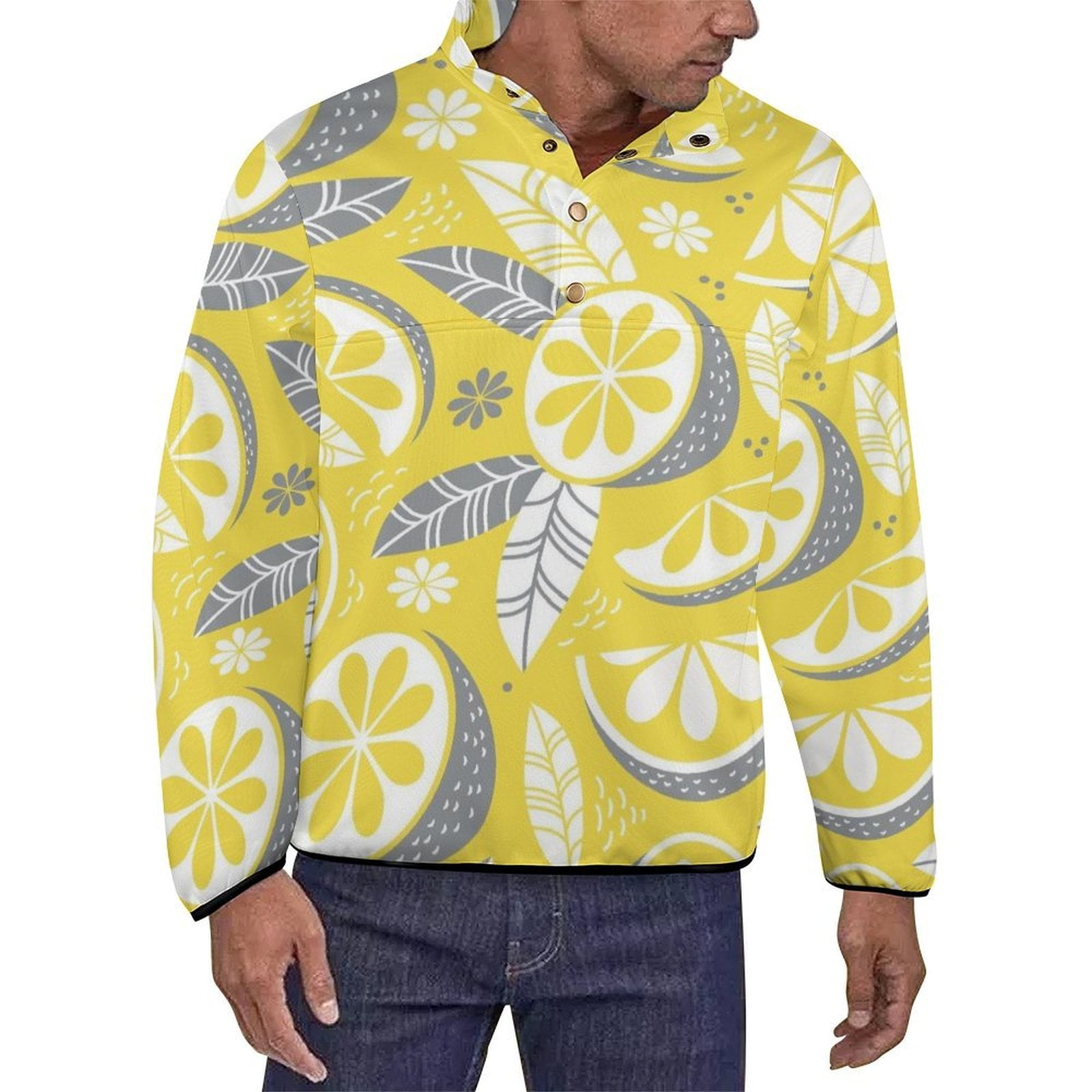 Yellow Gray Color Citrus Fruits, Leaves And Branches Men's Stand Collar ...