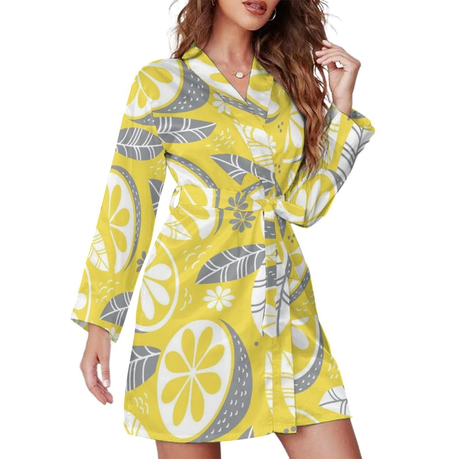 Yellow Gray Color Citrus Fruits, Leaves And Branches Night Robe Long ...