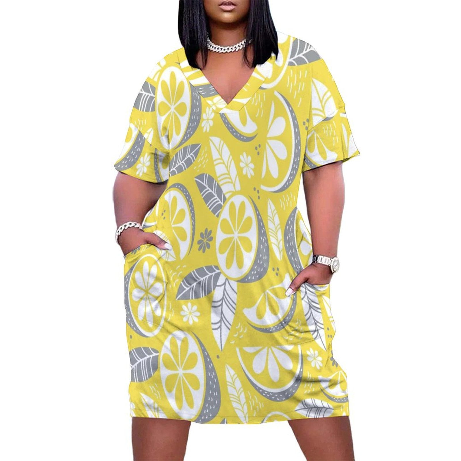 Yellow Gray Color Citrus Fruits, Leaves And Branches Summer Dresses for ...