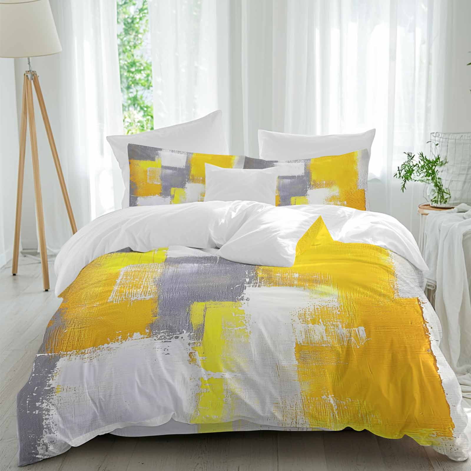Yellow Gray Duvet Cover Set Full Size Geometric Graffiti Oil Paint ...