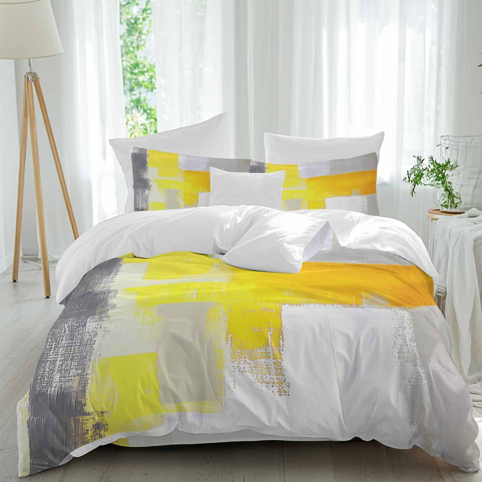 Yellow Gray Duvet Cover Set Twin Size, Graffiti Color Block Mottled ...