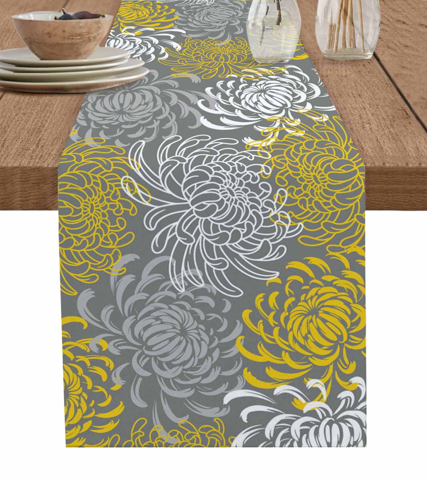 Yellow Gray Floral Table Runner Farmhouse Retro Abstract Flowers Art ...