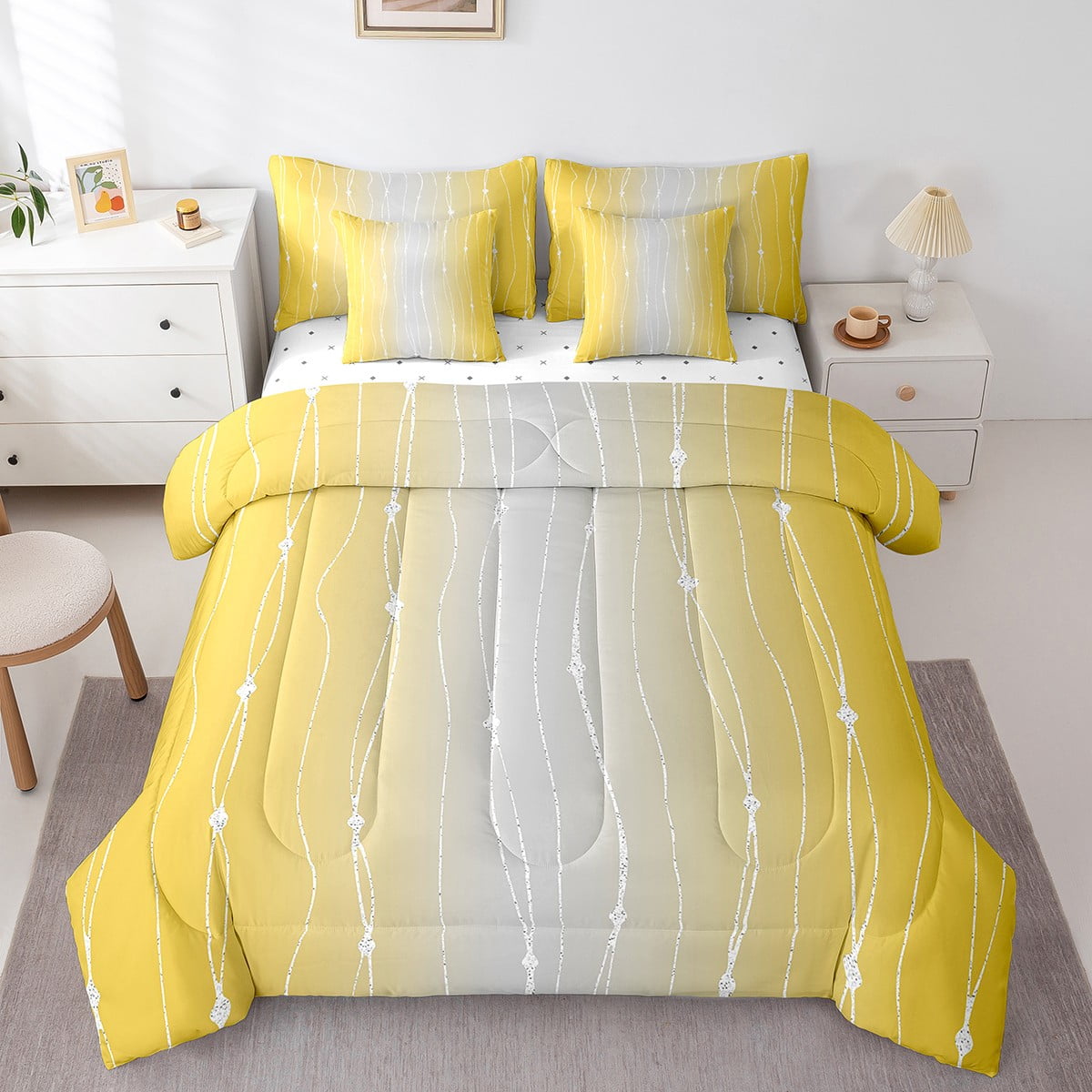 Yellow and Gray Gradient Full Comforter Set 7-Piece Watercolor Ombre ...