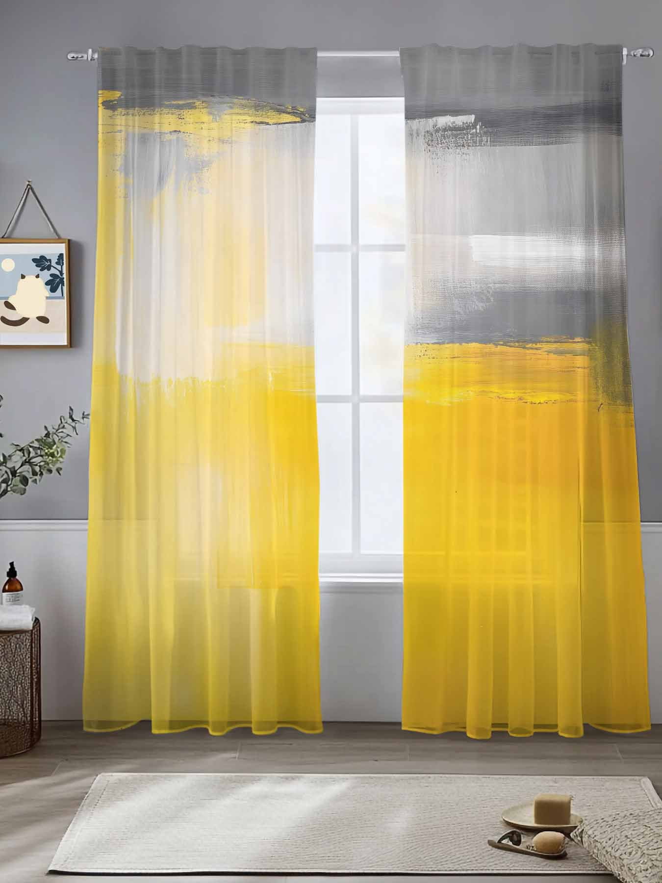 Yellow Gray Gradient Sheer Curtains 84 Inches Long 2 Panels Abstract ...