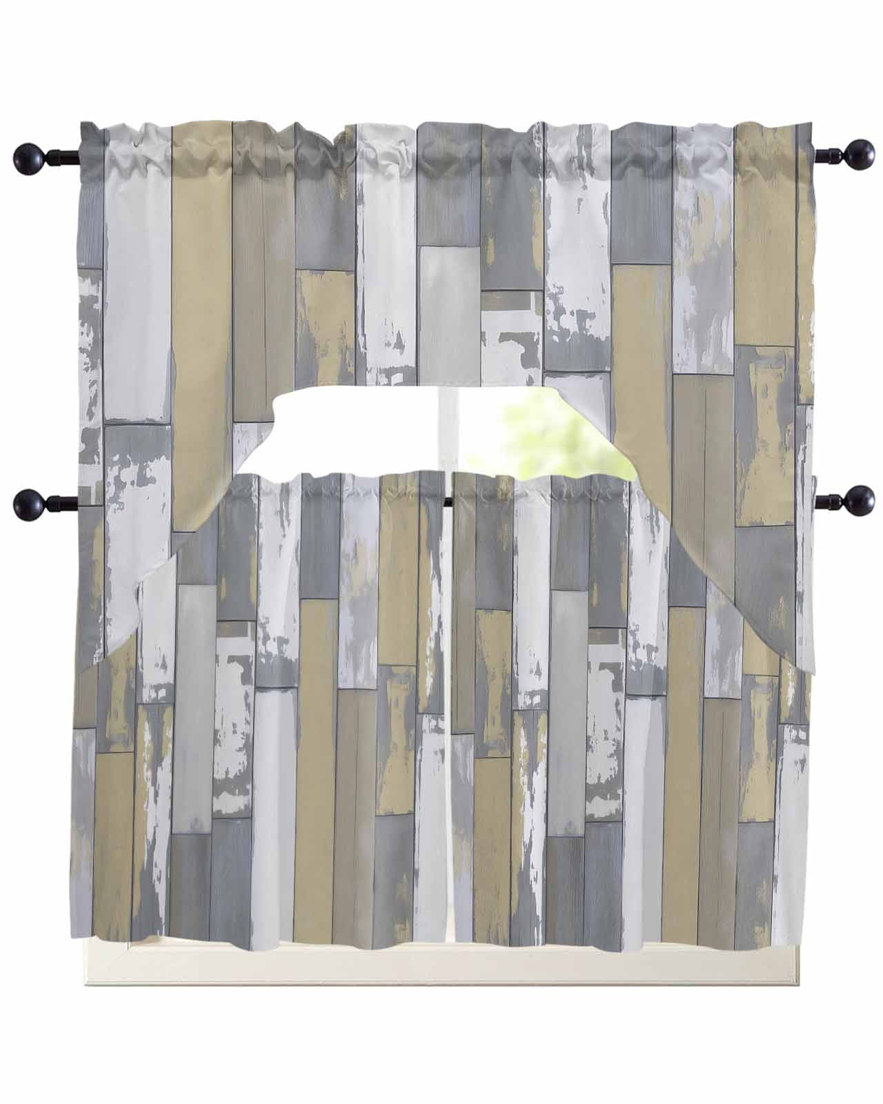Yellow Gray Kitchen Curtains Sets 24 Inch Length with Valance, Rustic ...