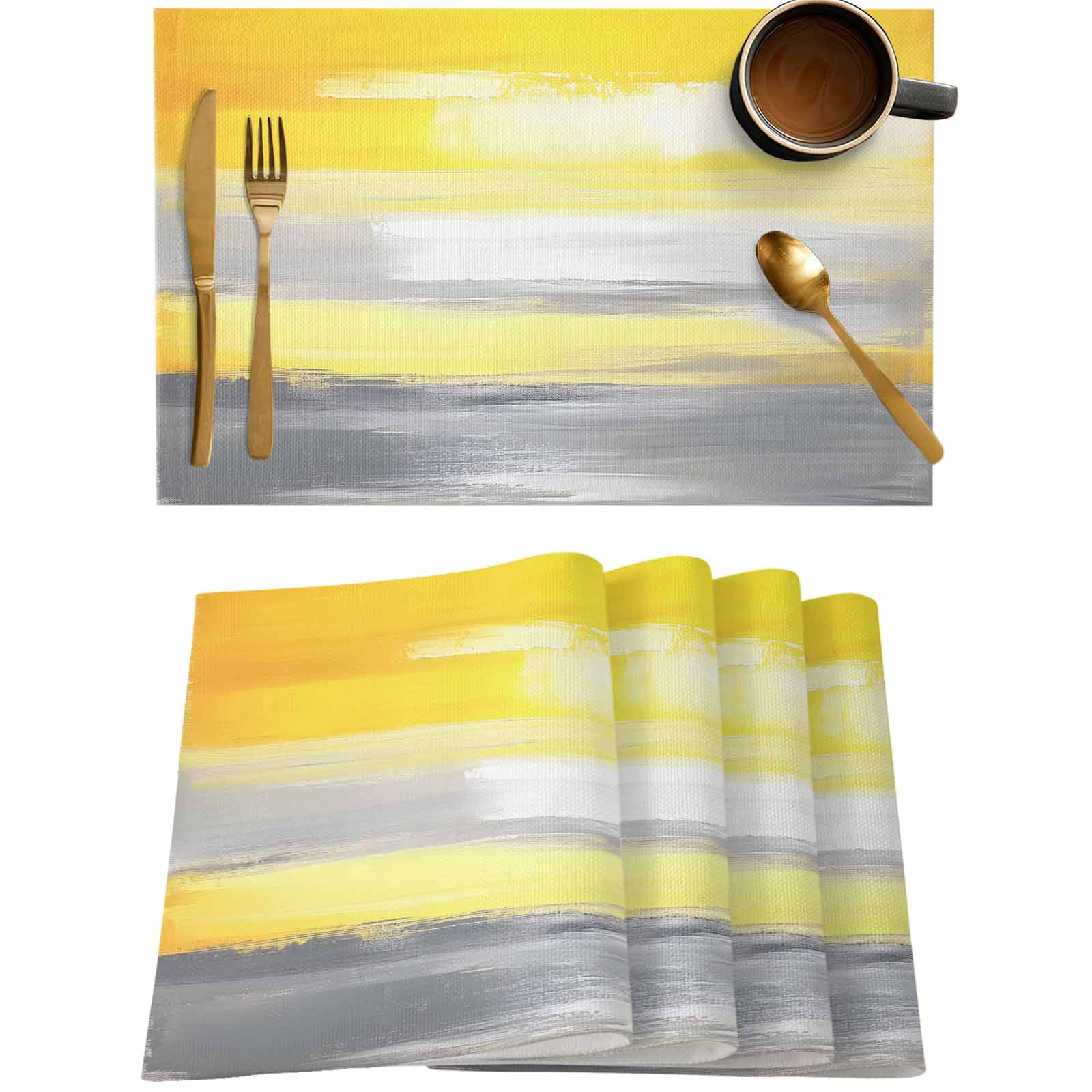 Yellow Gray Oil Painting Art Placemats Set of 4,Wipeable Washable Table ...