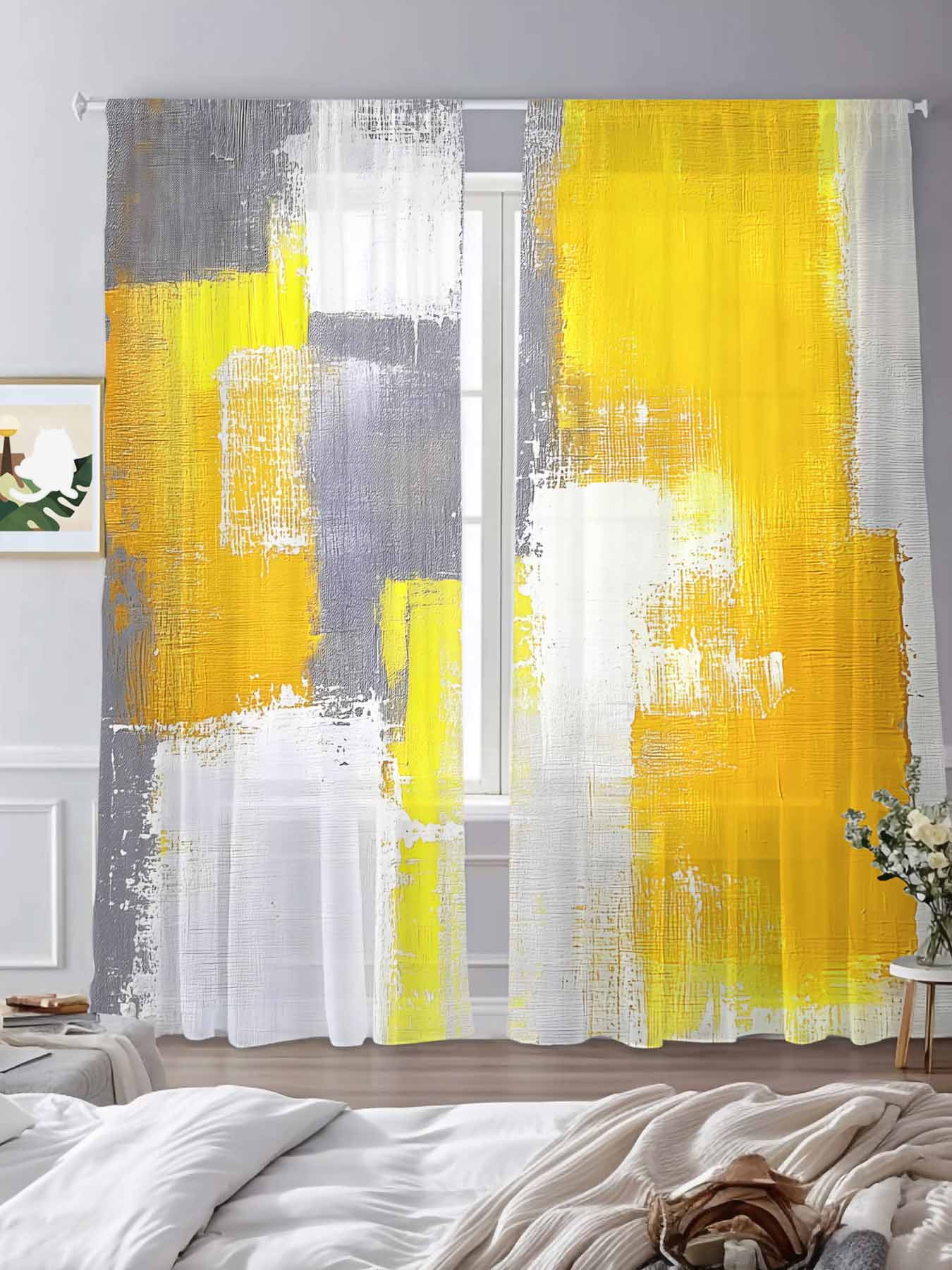 Yellow Gray Sheer Curtains 108 inches Long 2 Panels Set Geometric ...