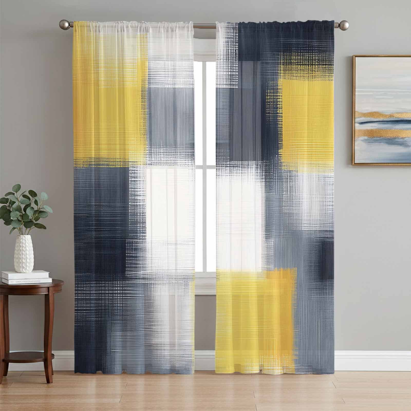 Yellow Gray Sheer Curtains 63 Inch Length 2 Panels Set, Geometric ...
