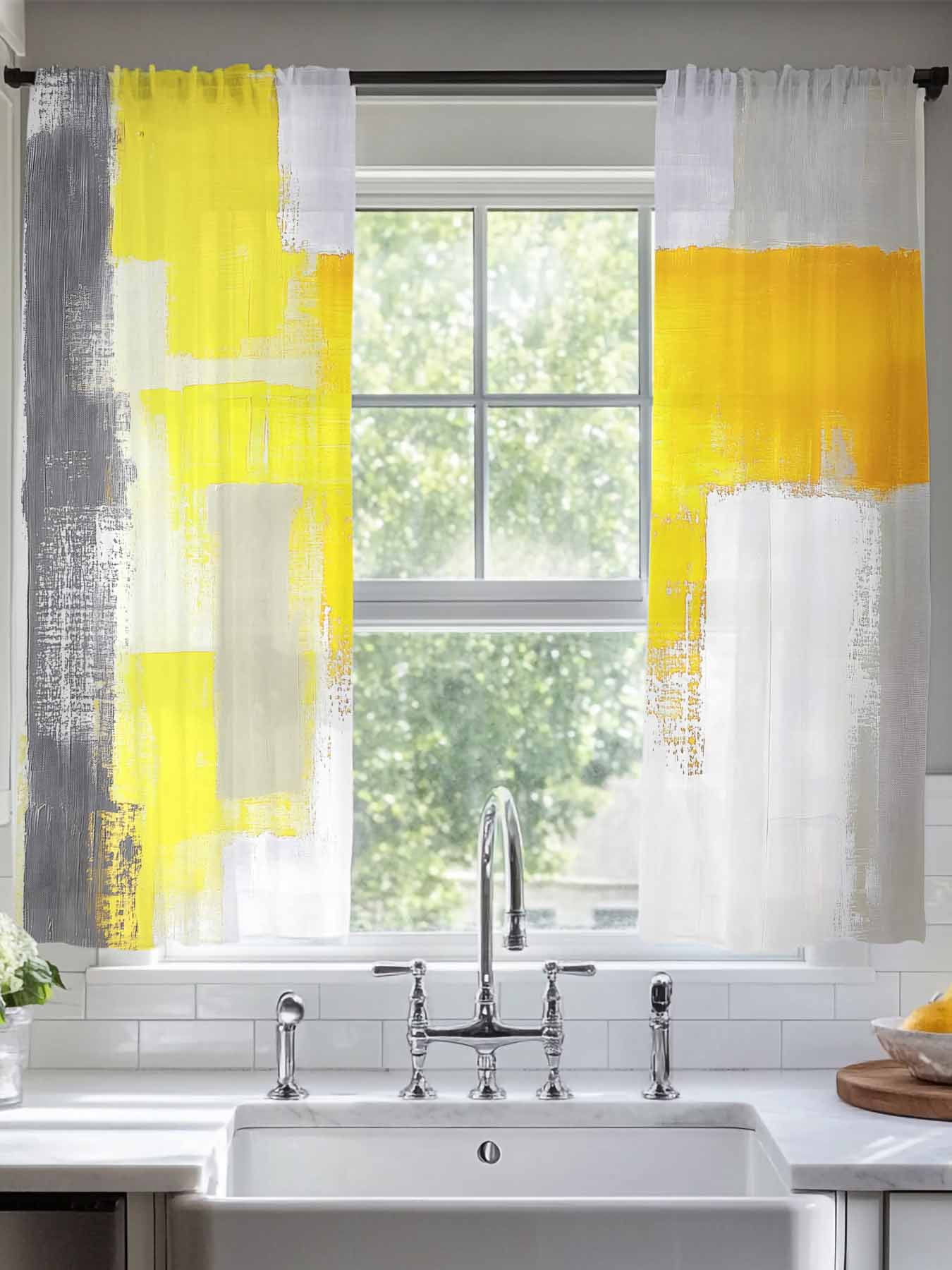 Yellow Gray Sheer Curtains 63 Inches Long 2 Panels Graffiti Color Block ...