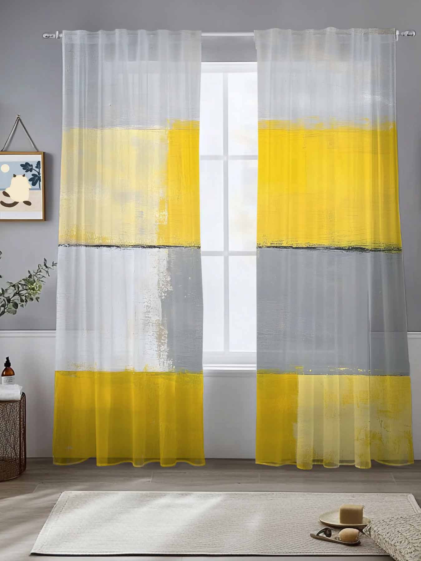 Yellow Gray Sheer Curtains 96 Inches Long 2 Panels Color Block Retro ...