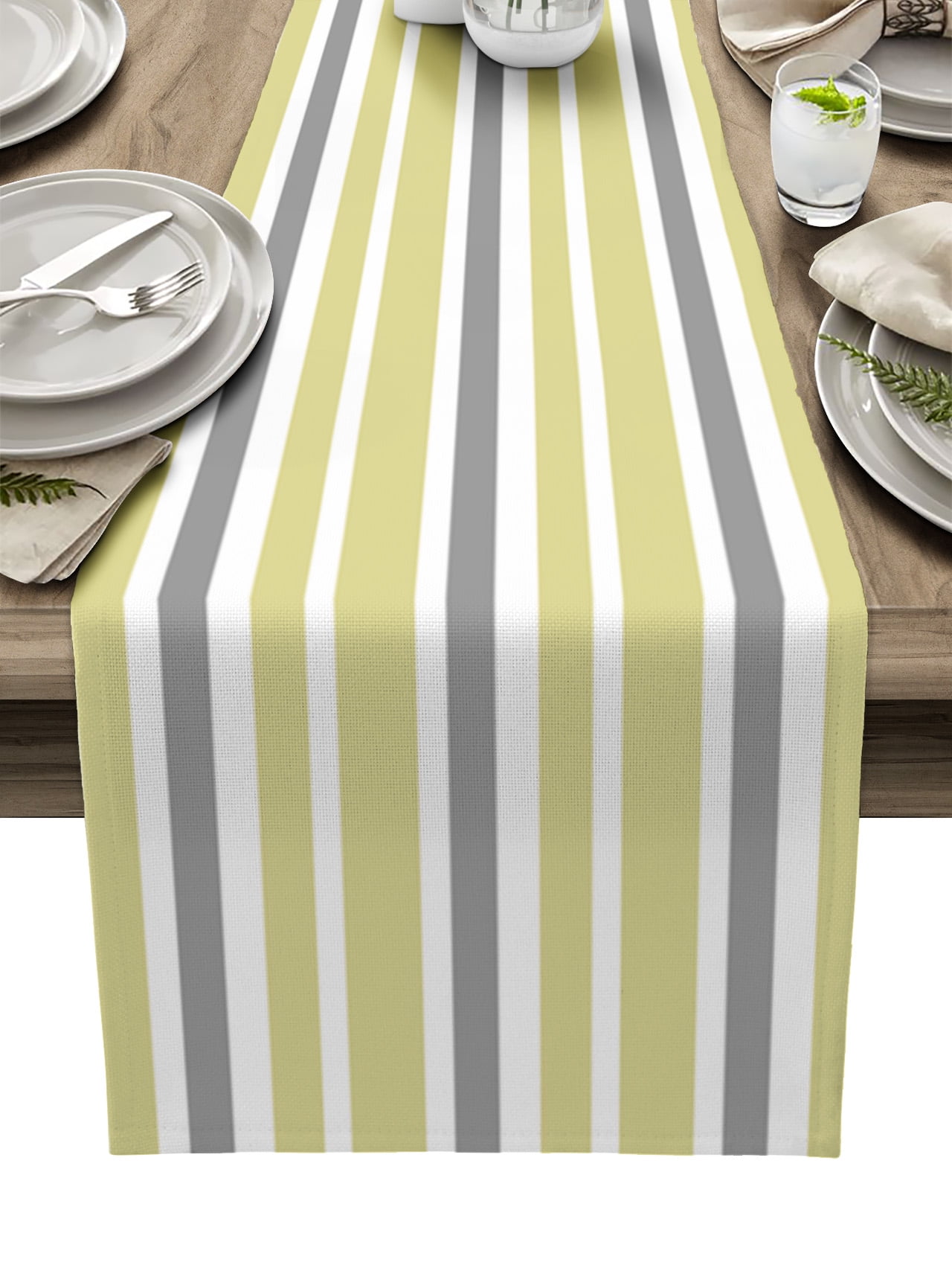 Yellow Gray Striped Table Runner 48 Inches, Modern White Abstract Art ...