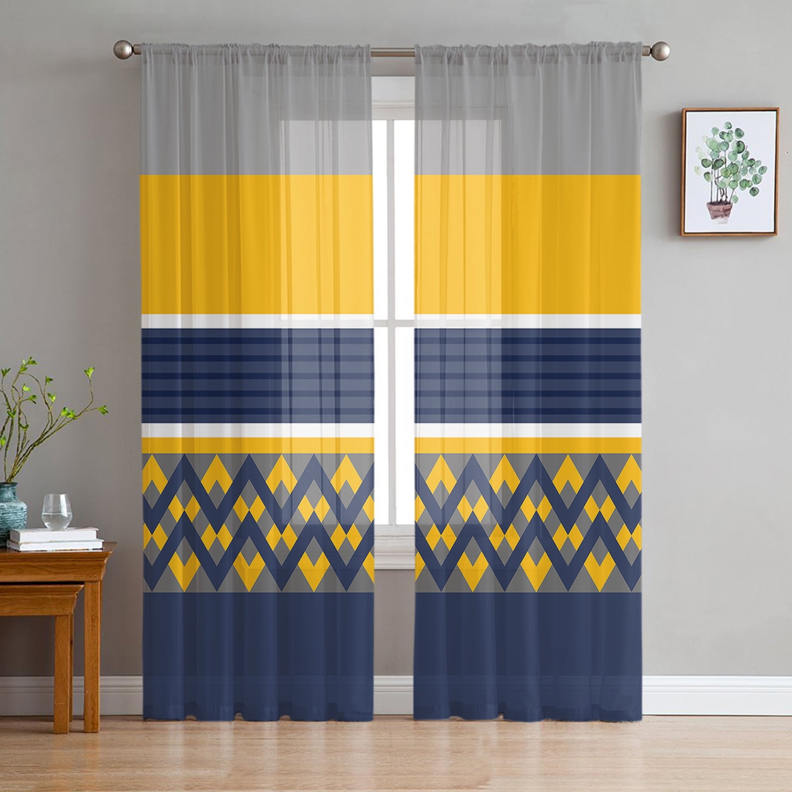 Yellow Gray Stripes Geometric Tulle Curtains for Living Room Kitchen ...