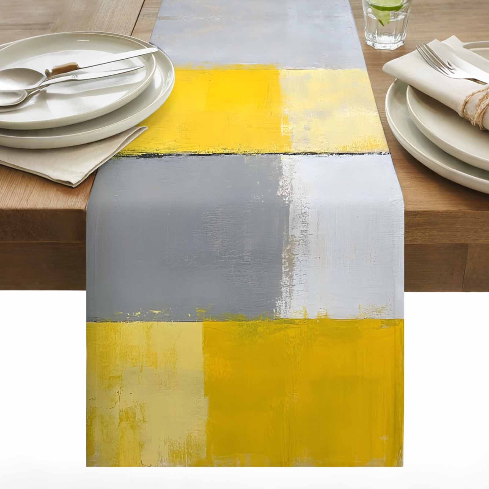 Yellow Gray Table Runner 13x60 inch Color Block Retro Cotton Linen ...