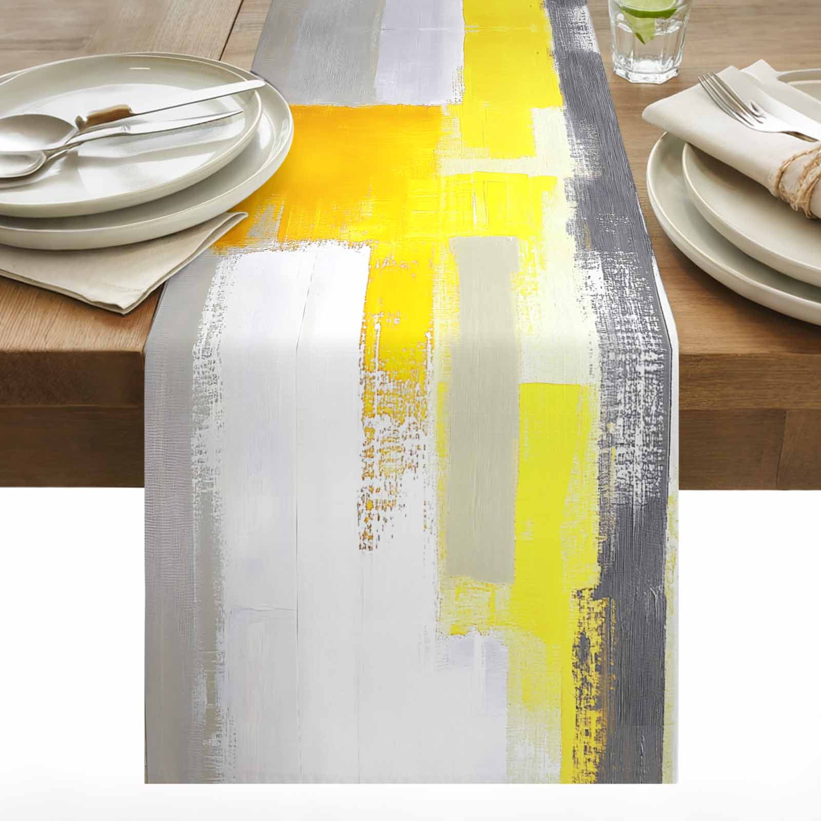 Yellow Gray Table Runner 13x90 inch Graffiti Color Block Mottled ...