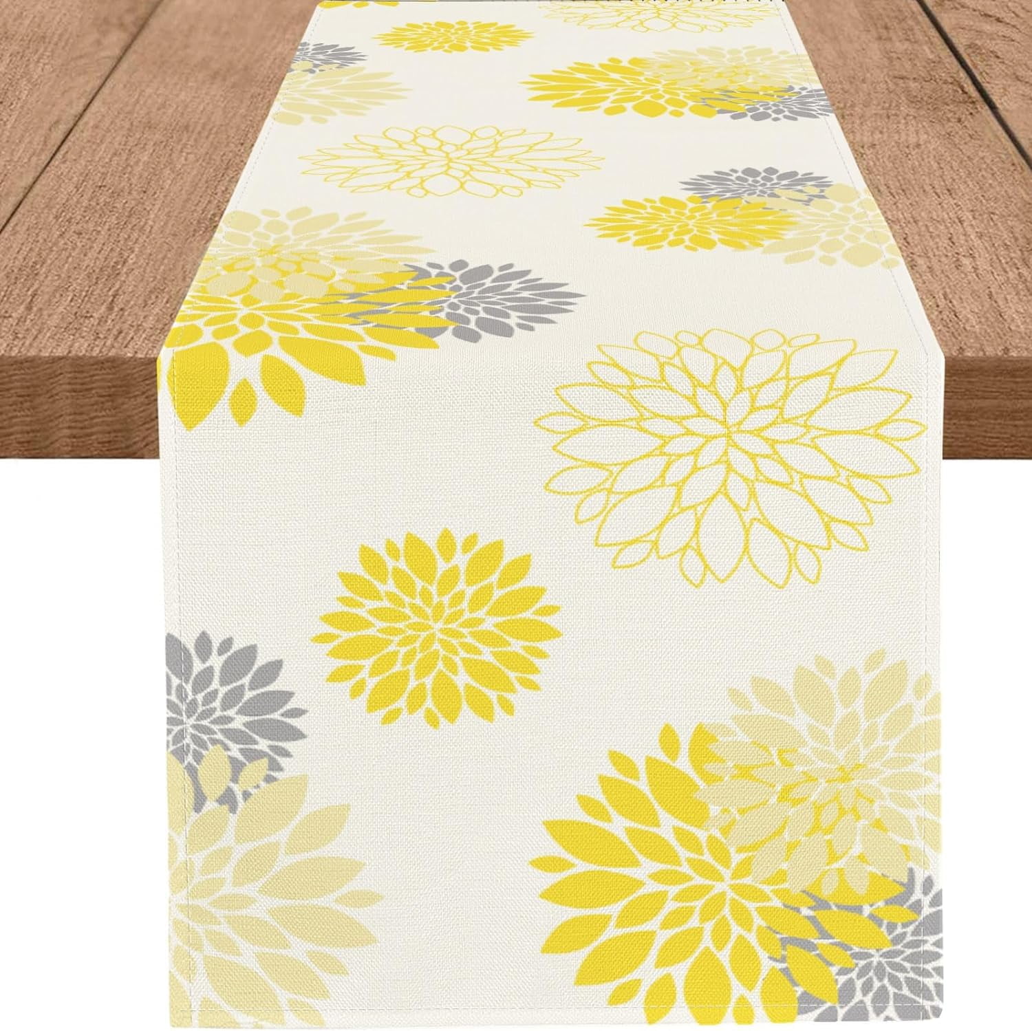 Yellow Gray Table Runner Dahlia Pinnata Flower Beige Table Runners ...