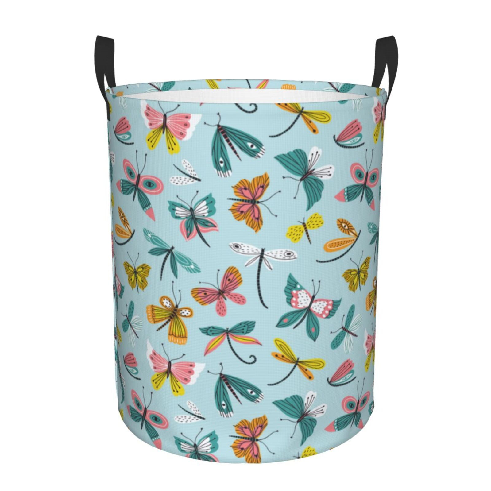 Yellow Green Dragonfly Butterfly Round Laundry Basket, Laundry Hamper ...