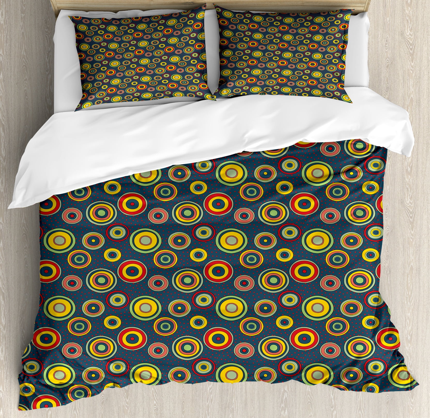 Yellow and Green Duvet Cover Set, Psychedelic Circles Pattern on a Background of Polka Dots ...