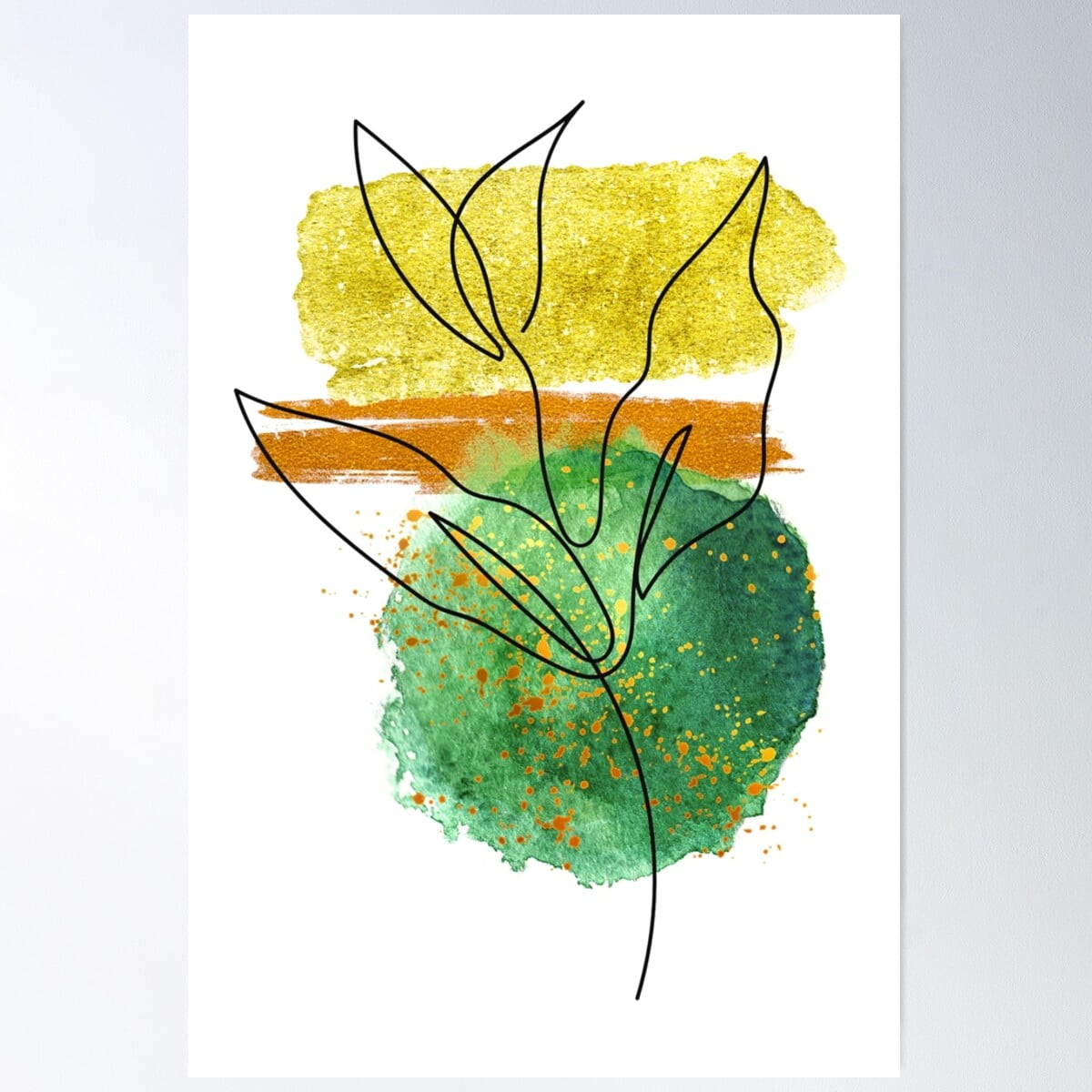 Yellow, Green & Gold Flower Floral Abstract Leaf Design Watercolour ...