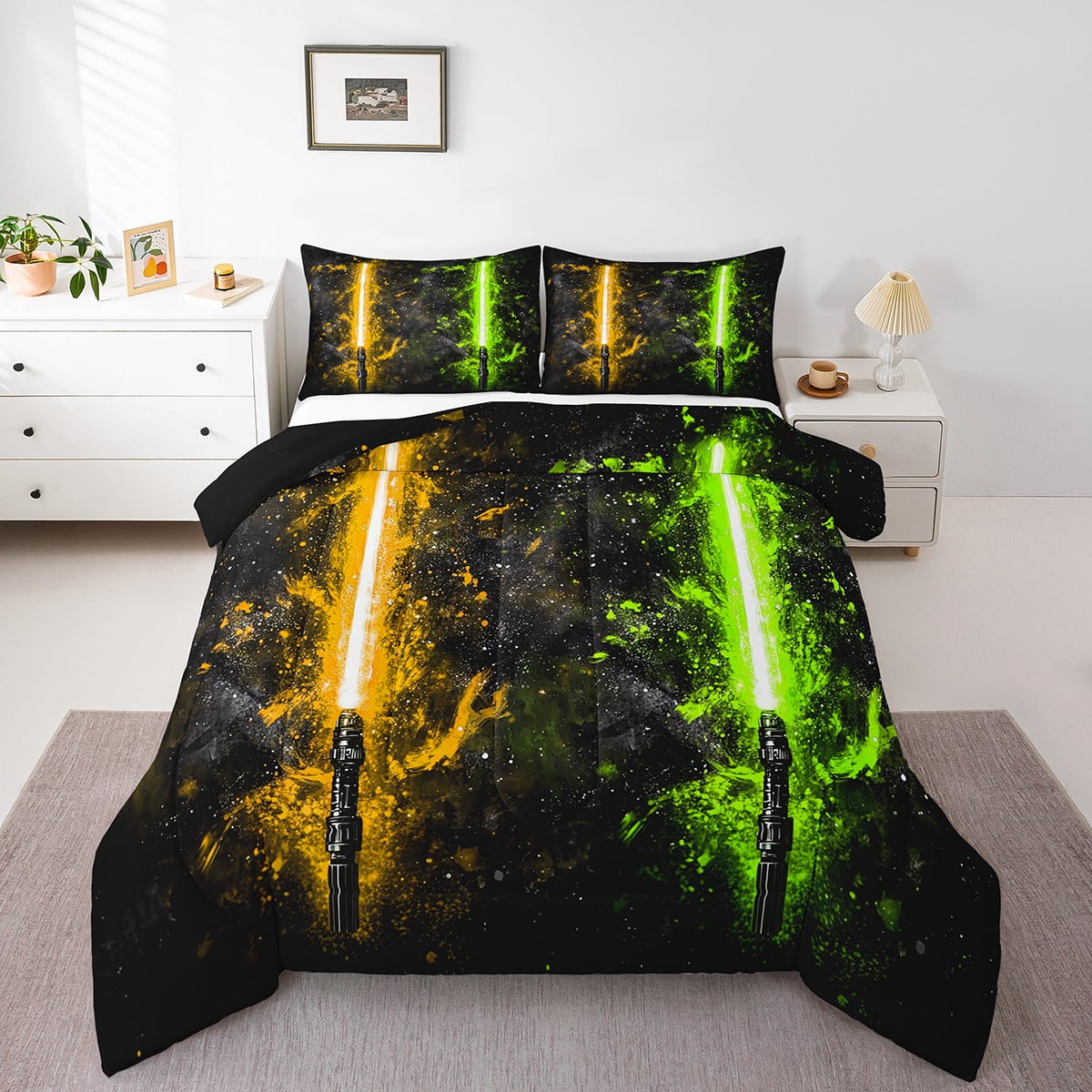 Yellow Green Lightsaber Bedding Comforter Sets King, Neon Glowing ...