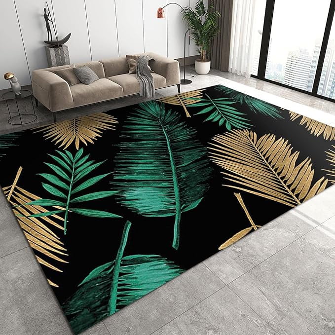 Yellow Green Palm Leaf Bedroom Rug, Luxury Green Plant Leaf Area Carpet ...